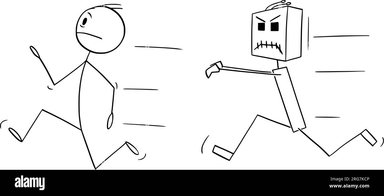 Mad Dangerous Robot Chasing Human, Vector Cartoon Stick Figure ...