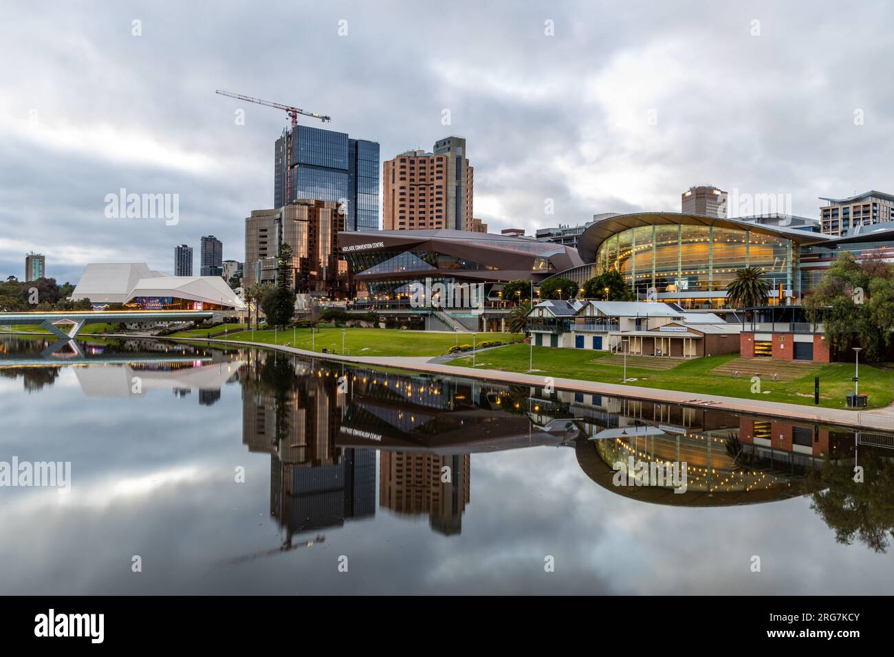 The riverbank precinct reflecting in the River Torrens in Adelaide ...
