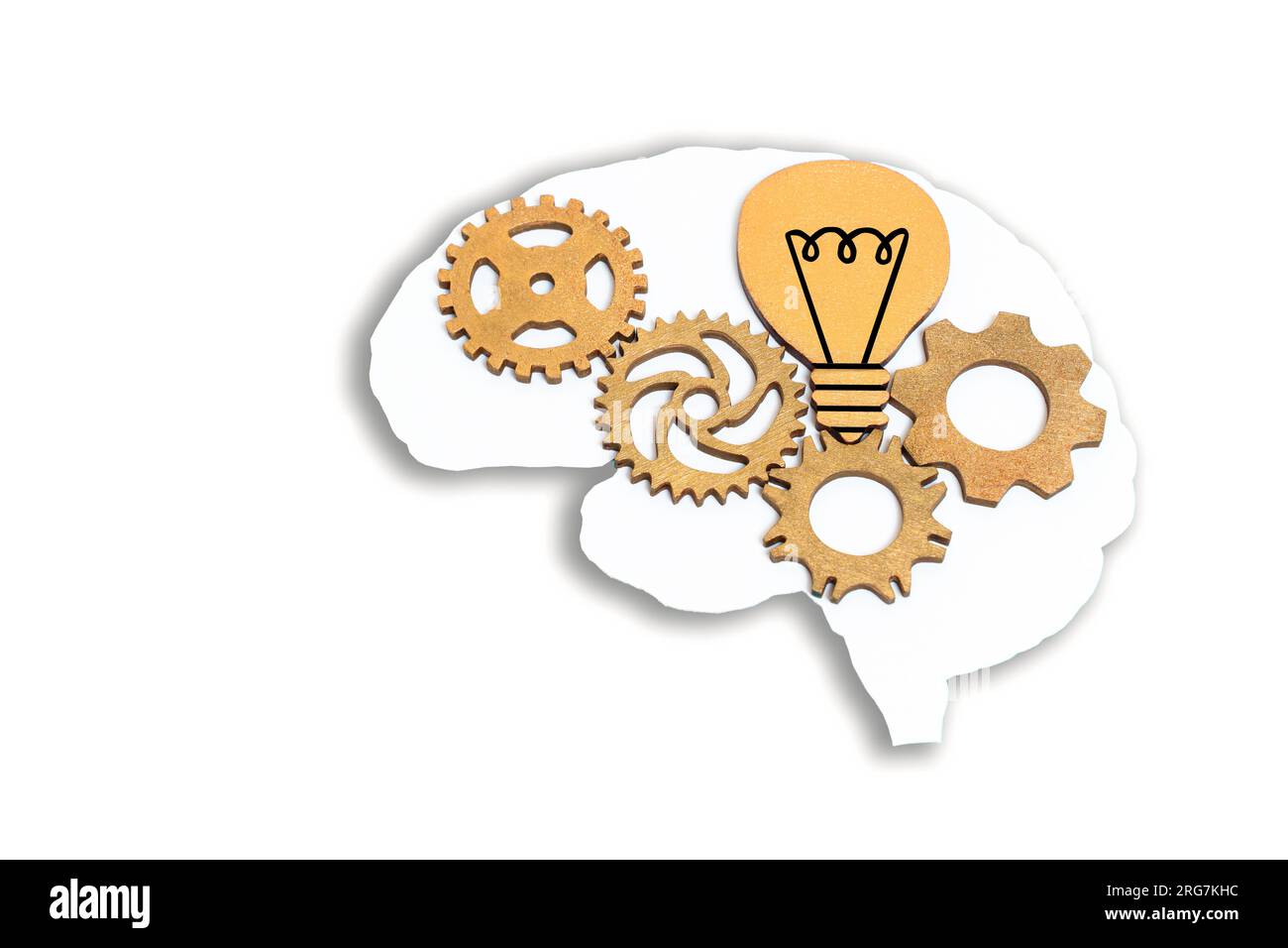 Flat brain shape adorned with wooden gears and a light bulb symbol ...