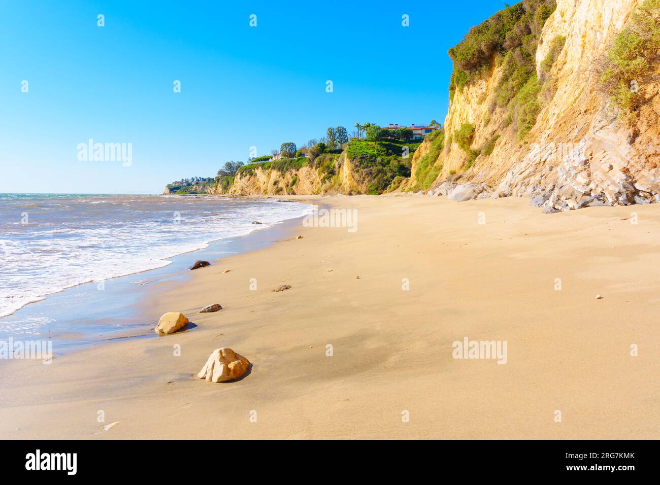 Coastal landscape: Pristine sandy shore of Malibu Beach with the vast ...