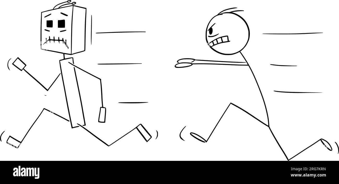 Mad Dangerous Person Chasing Robot, Vector Cartoon Stick Figure ...