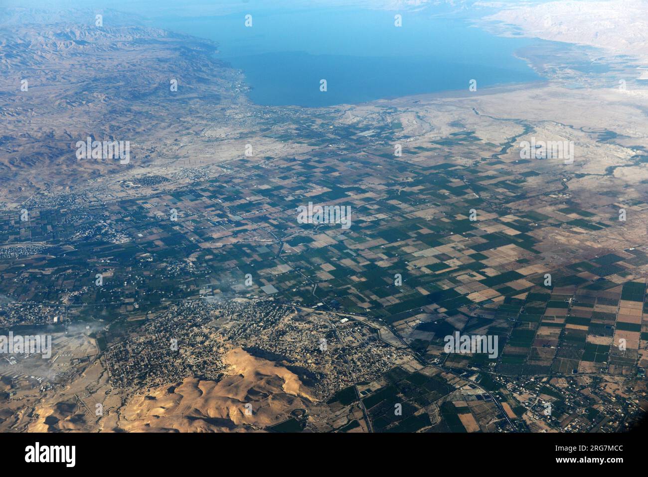 An aerial view of the Jordan river and the Dead Sea in Jordan and ...