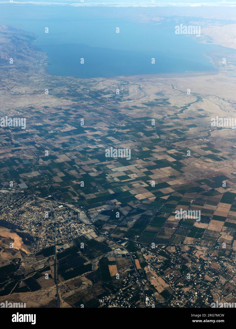 An aerial view of the Jordan river and the Dead Sea in Jordan and ...