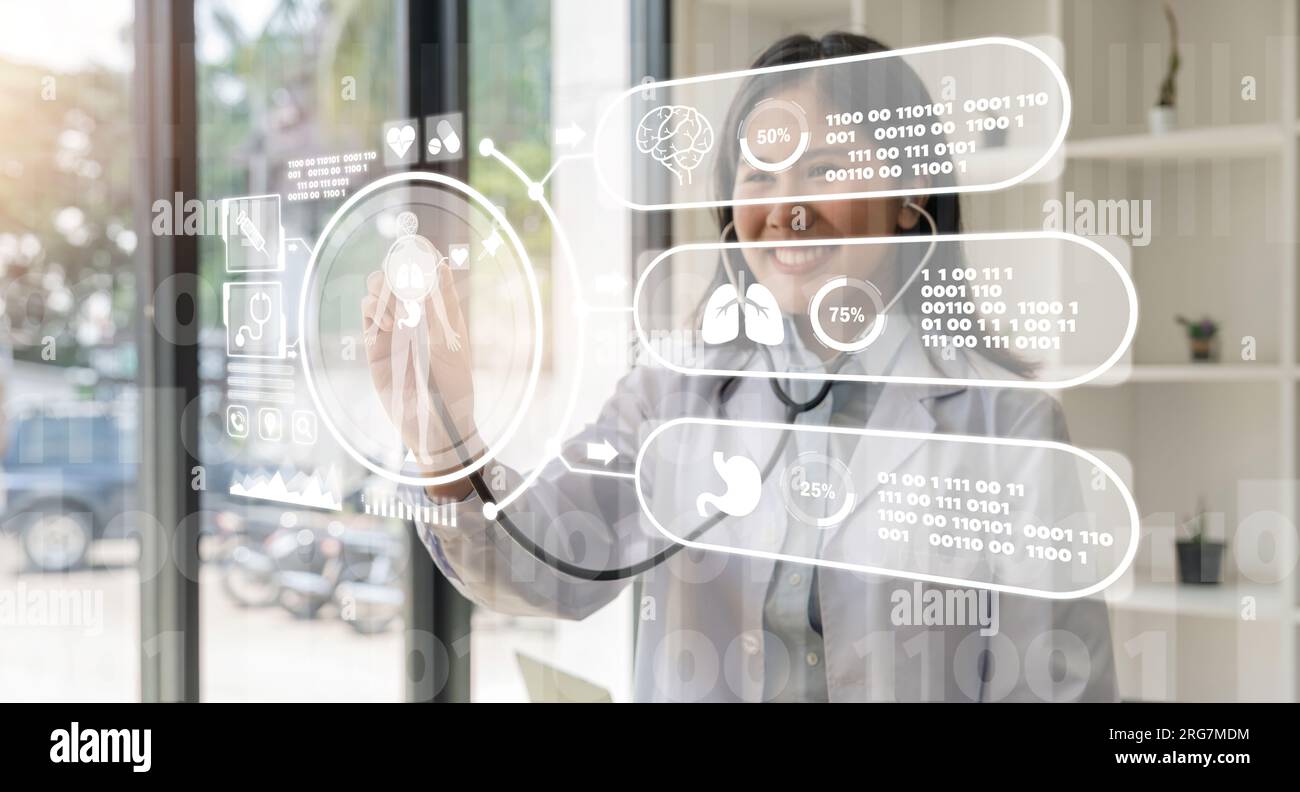 Female doctor wearing white suit is working. Digital interface with ...