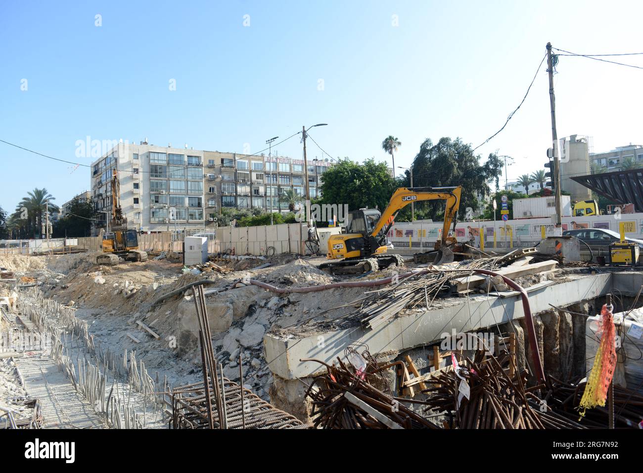 June 2023, Tel-Aviv Israel. Light rail construction in the city center ...
