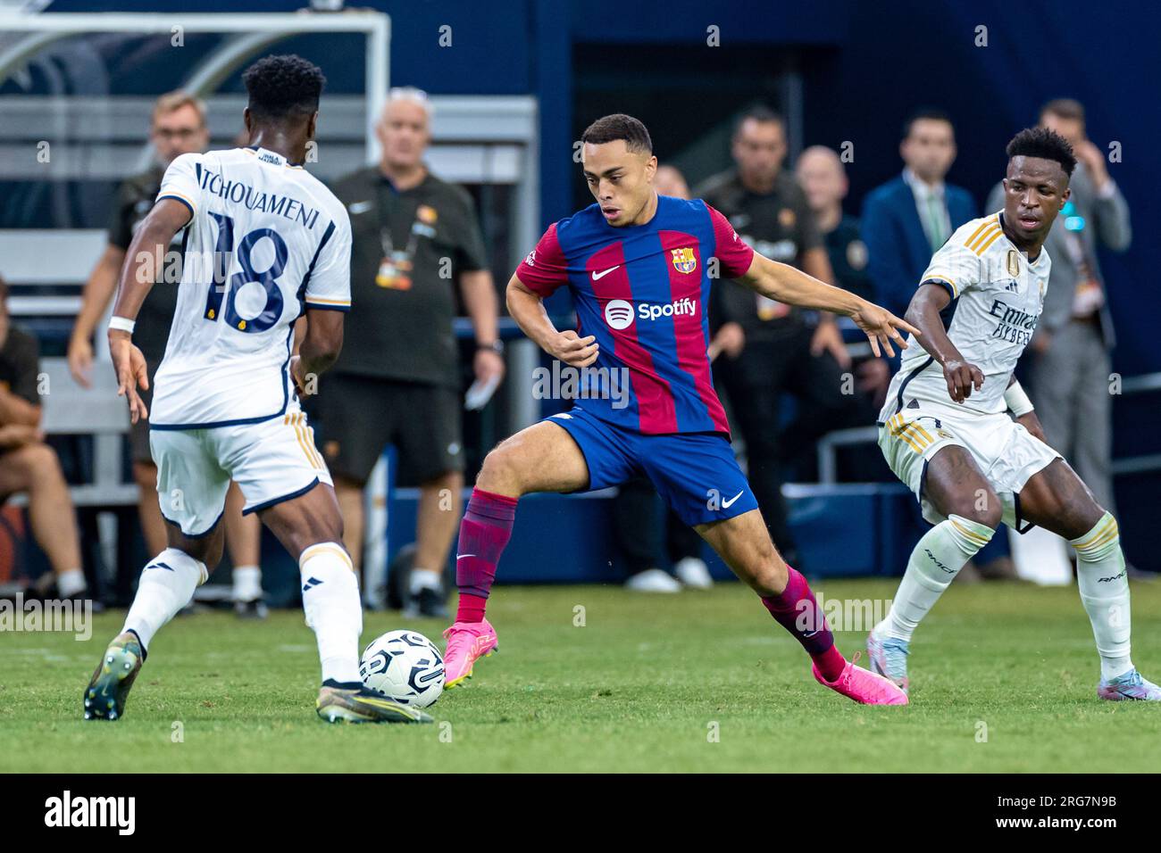 ARLINGTON, TX - JULY 29: FC Barcelona defender Sergino Dest (#2) lunges ...
