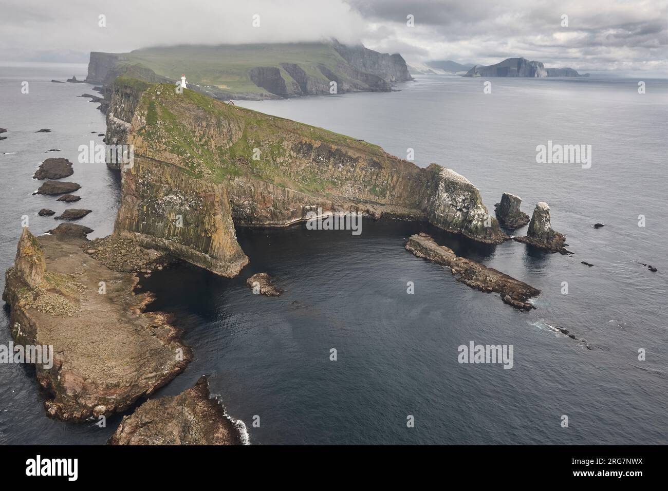 Mykines lighthouse and cliffs on Faroe islands from helicopter. Denmark ...