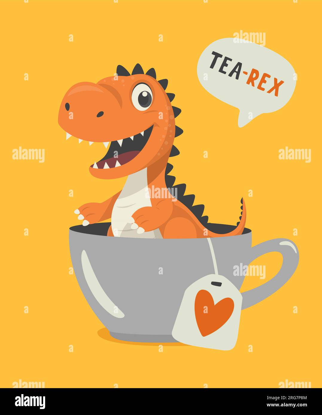 Tea Rex. Vector Funny and Cute Textured Cartoon Dinosaur in Tea Cup ...