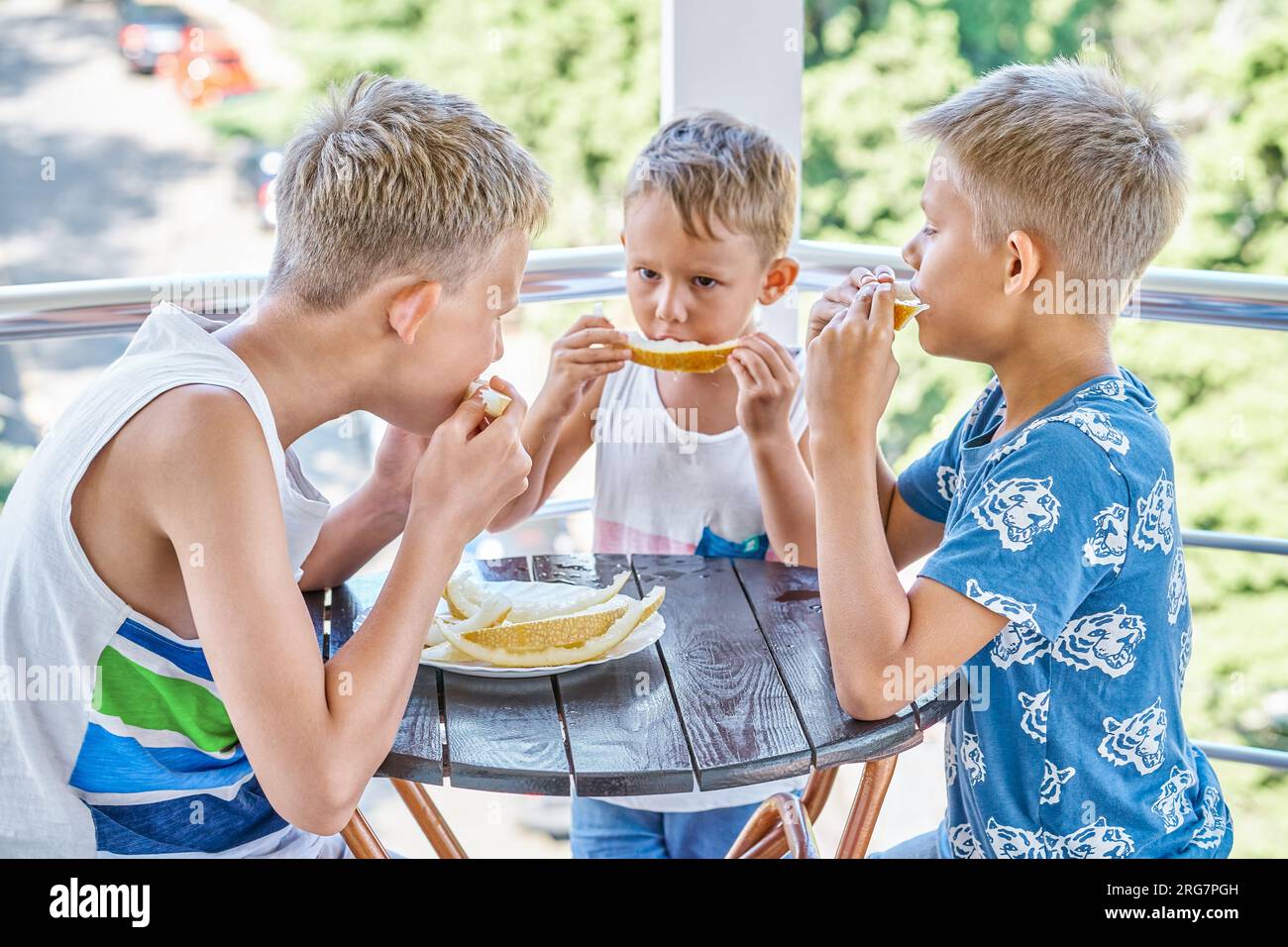Junior school children and preschooler boy eating fresh melon on hotel ...