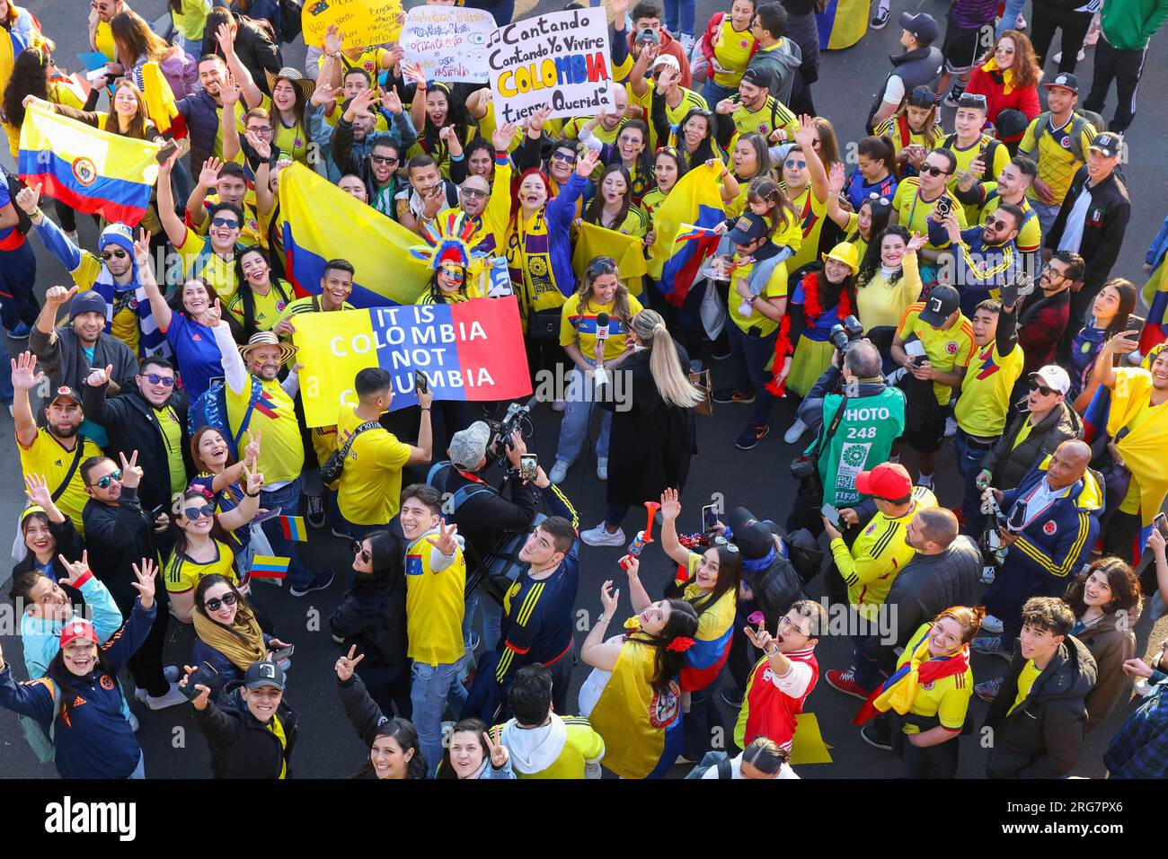 August 8, 2023, Melbourne, Australia: Colombian fans dance in front of ...