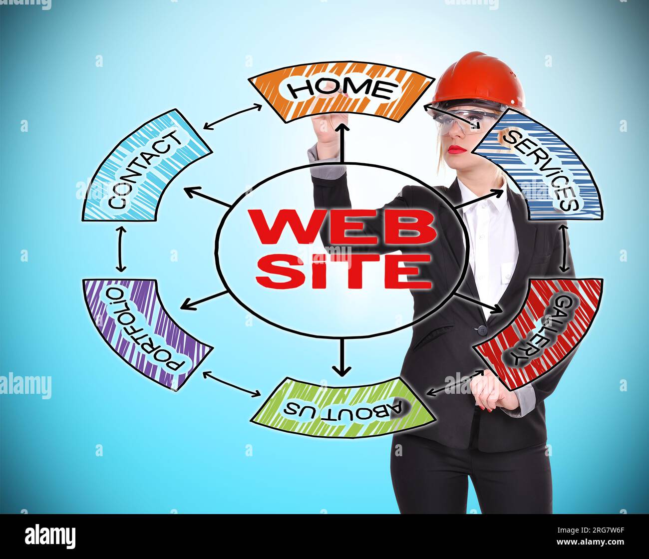 engineer woman drawing website concept on blue background Stock Photo ...