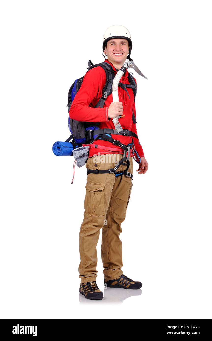 hiker with ice axe on a white background Stock Photo - Alamy