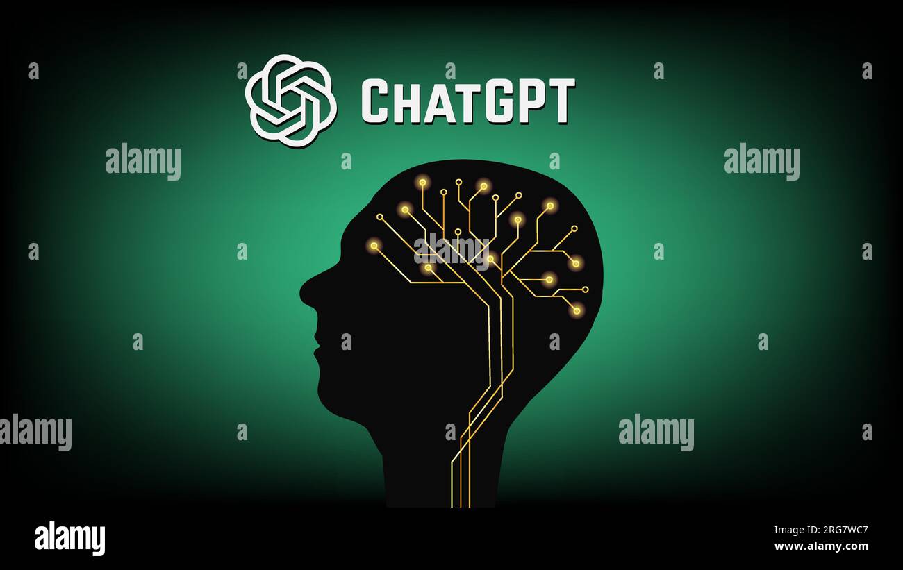 Human head with brain from PCB and ChatGPT artificial intelligence program logo, OpenAI company ...
