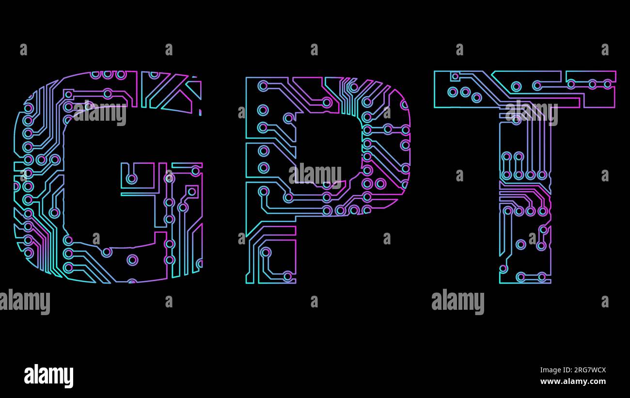 GPT text outline from PCB tracks isolated on black background. Chat GPT ...