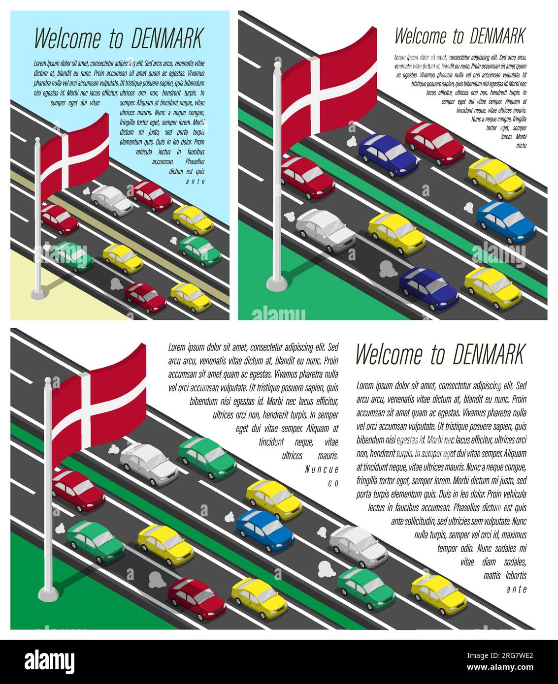 Isometric flag of Denmark on flagpole fluttering wind. Crossing of ...