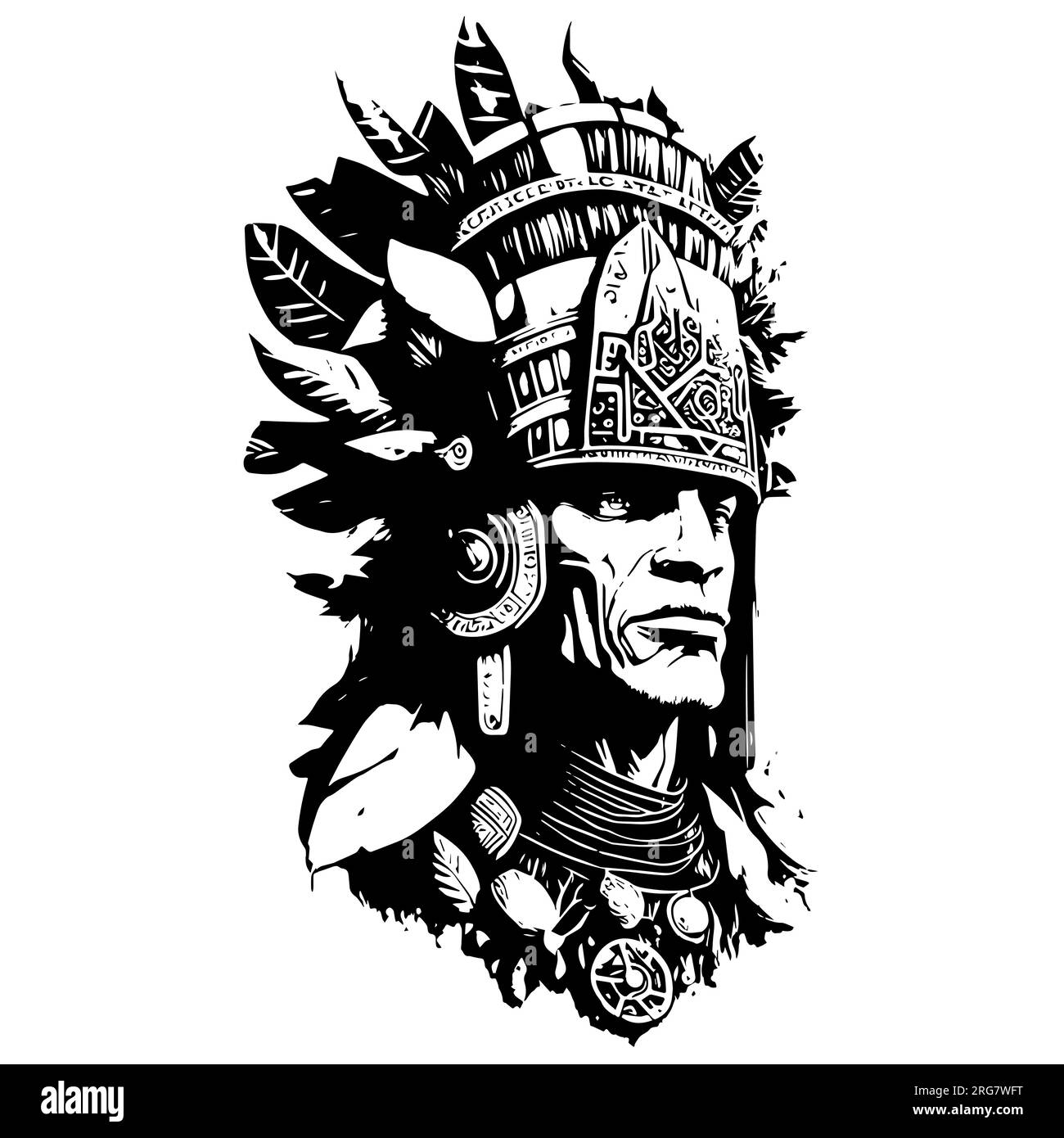 Black silhouette of ancient Aztec Indian man isolated on white ...