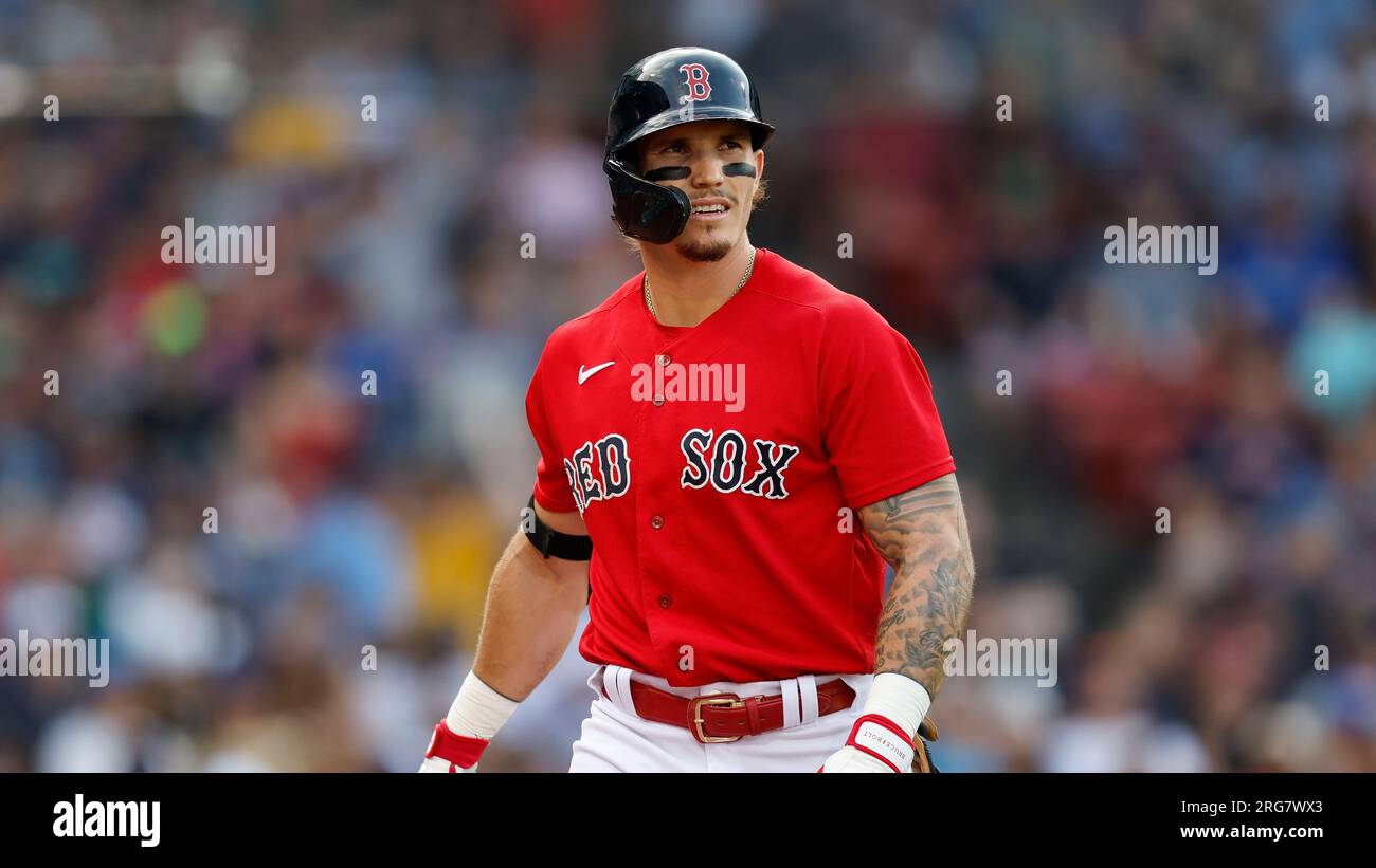 Boston Red Sox's Jarren Duran plays against the Toronto Blue Jays during the first inning of a ...