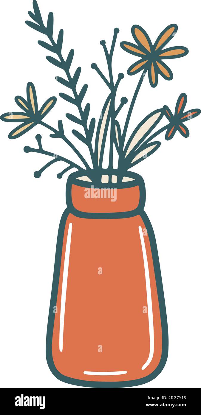 Vase with wild flowers and herbs clip art. Cute bloom bouquet simple ...