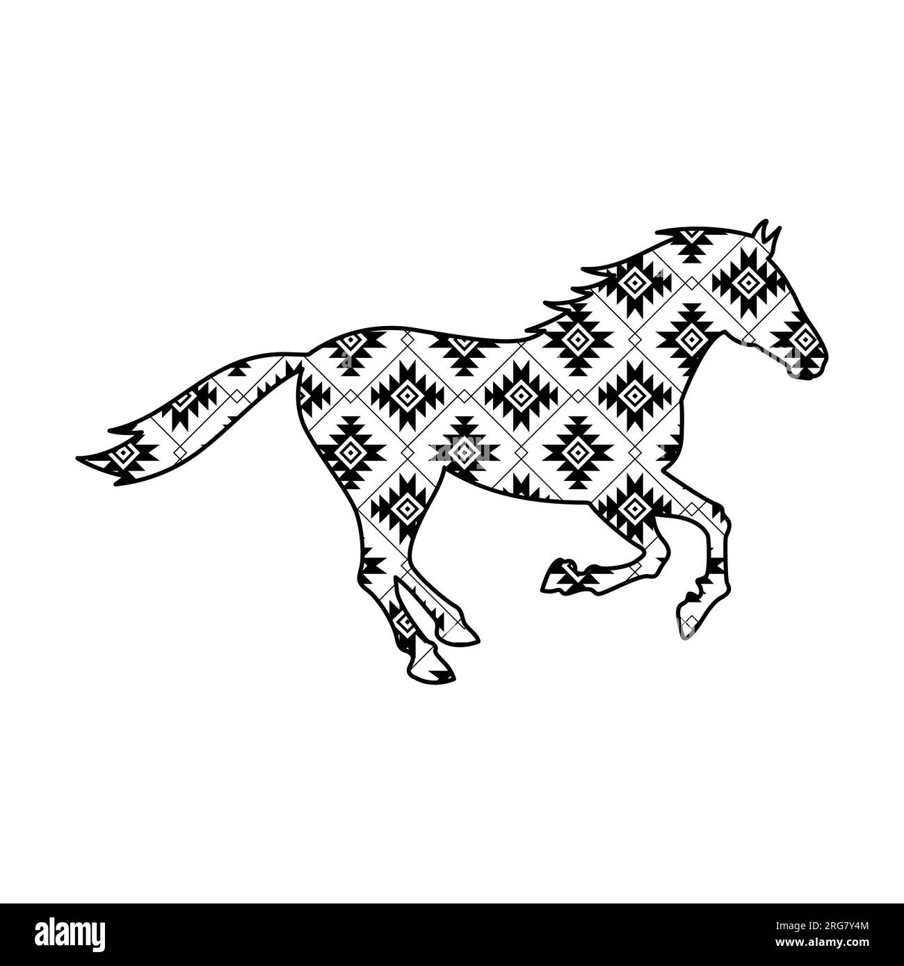 Running horse with Aztec tribal pattern on white background. Isolated ...