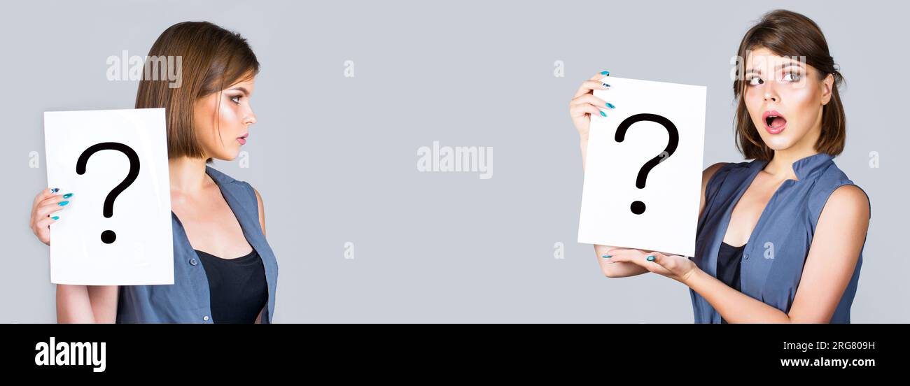 Woman with doubtful expression and question marks. Thinking woman. Girl ...