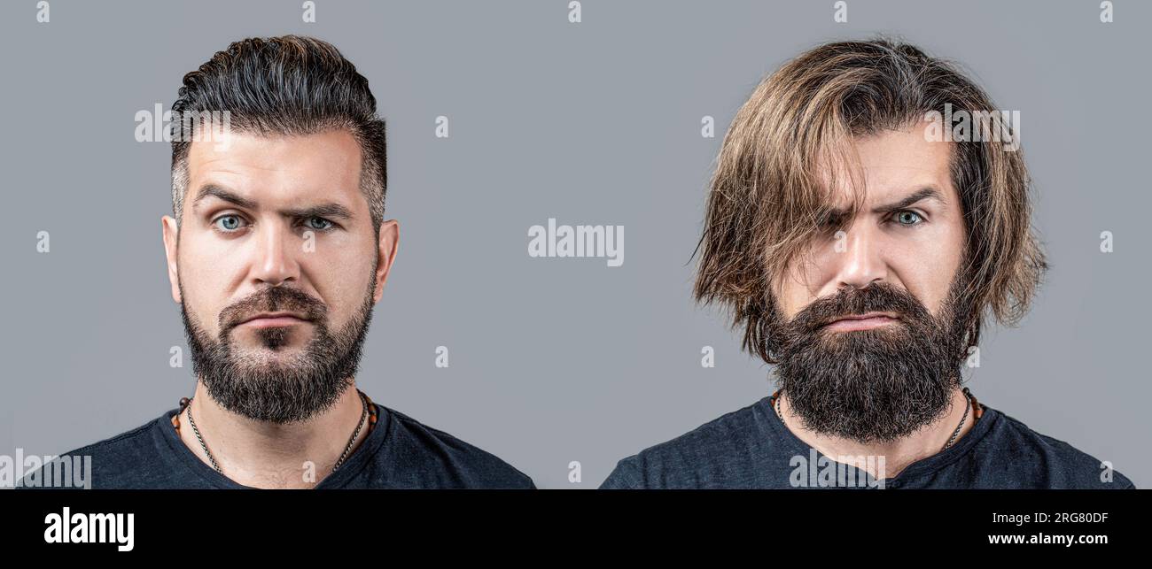 Shaving, hairstyling. Beard, shave before, after. Long beard Hair style ...