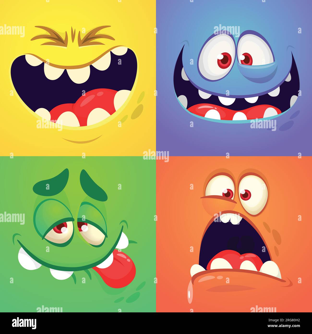 Cartoon monster faces set. Vector collection of four Halloween monster ...