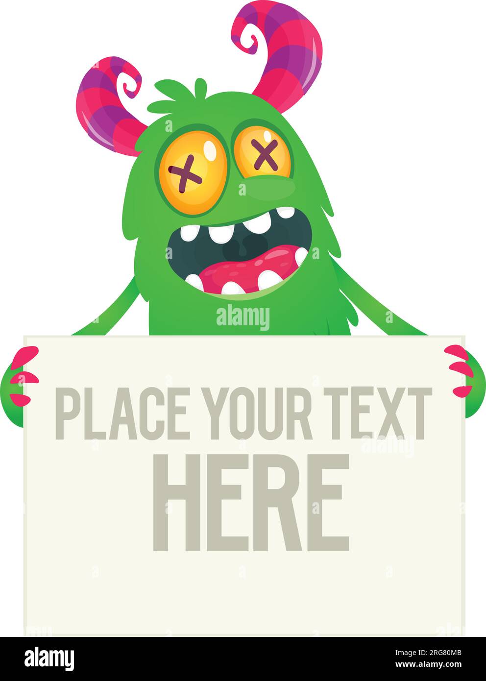 Catoon monster holding blank sign with sample message on it. Vector ...