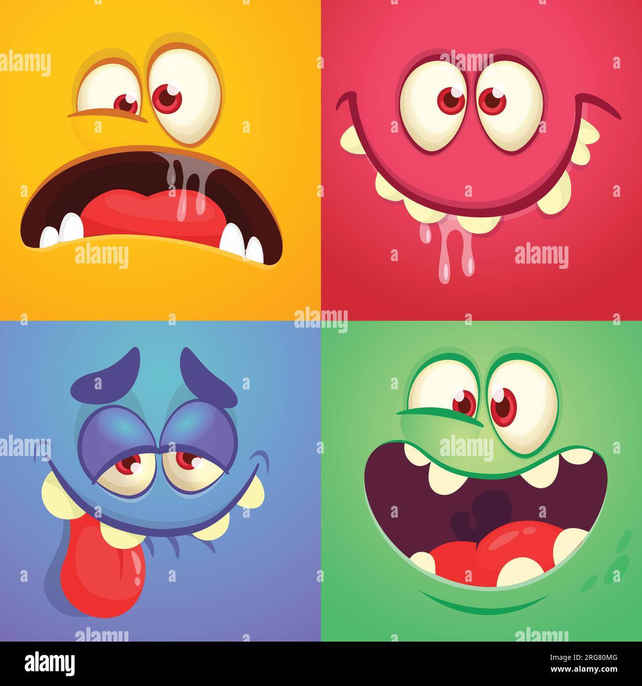 Cartoon monster faces set. Vector collection of four Halloween monster ...