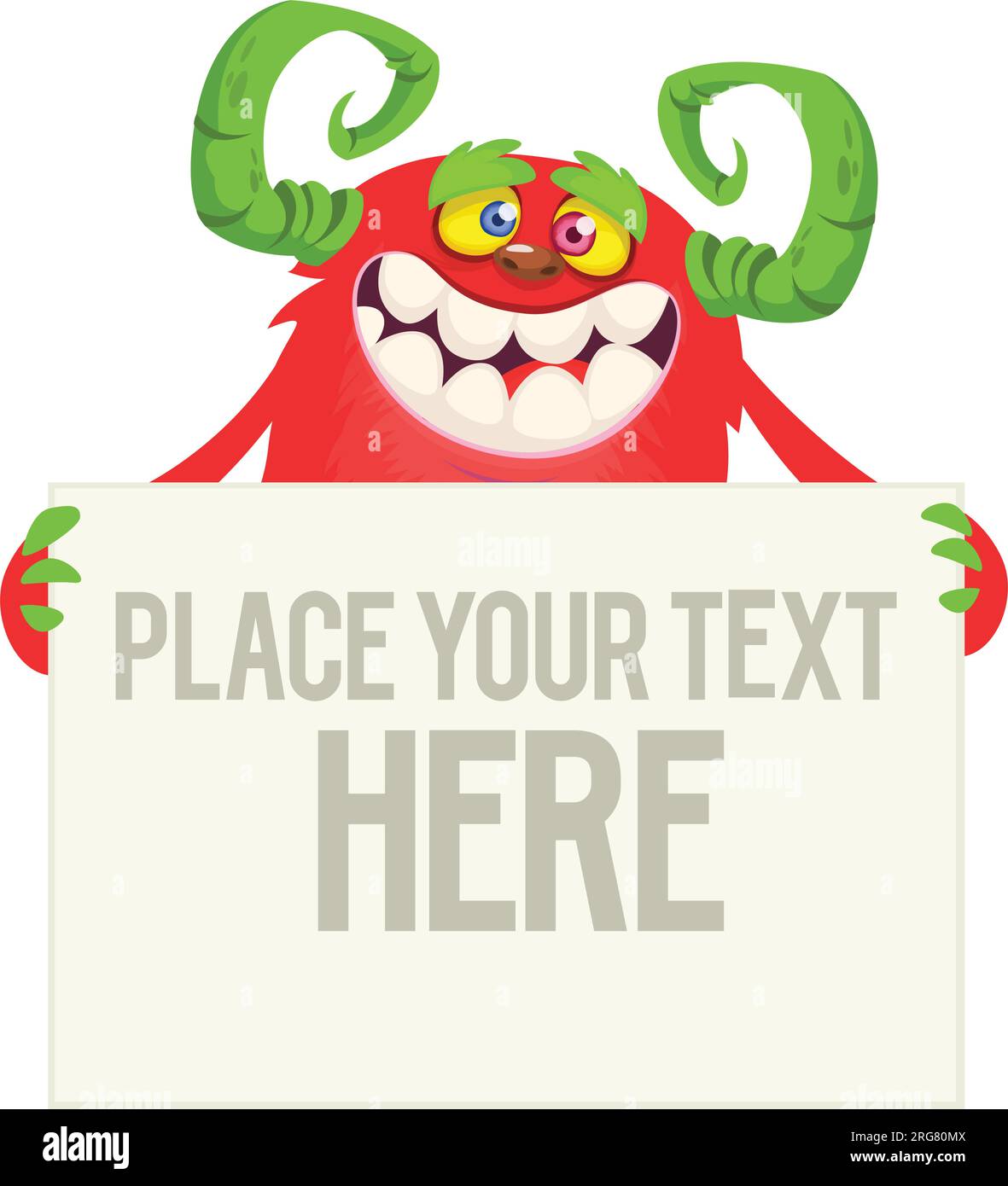 Catoon funny dragon creature holding blank sign with sample text ...