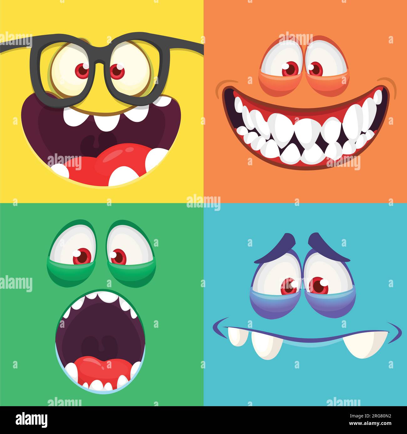 Cartoon monster faces set. Vector collection of four Halloween monster ...