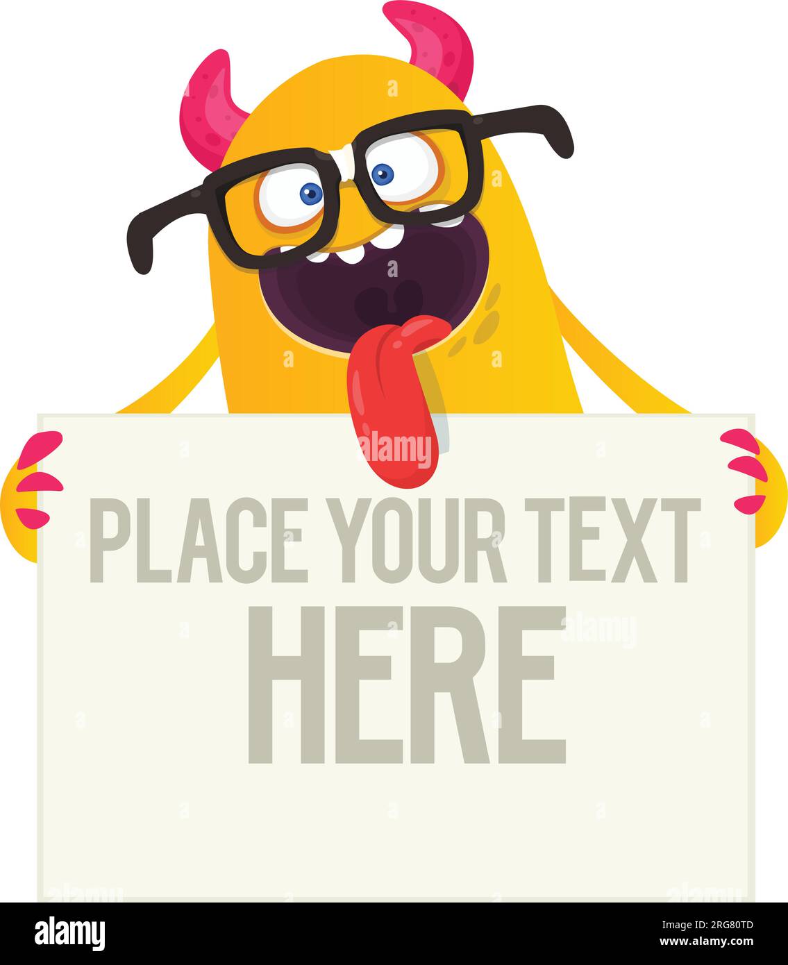 Catoon monster holding blank sign with sample message on it. Vector ...