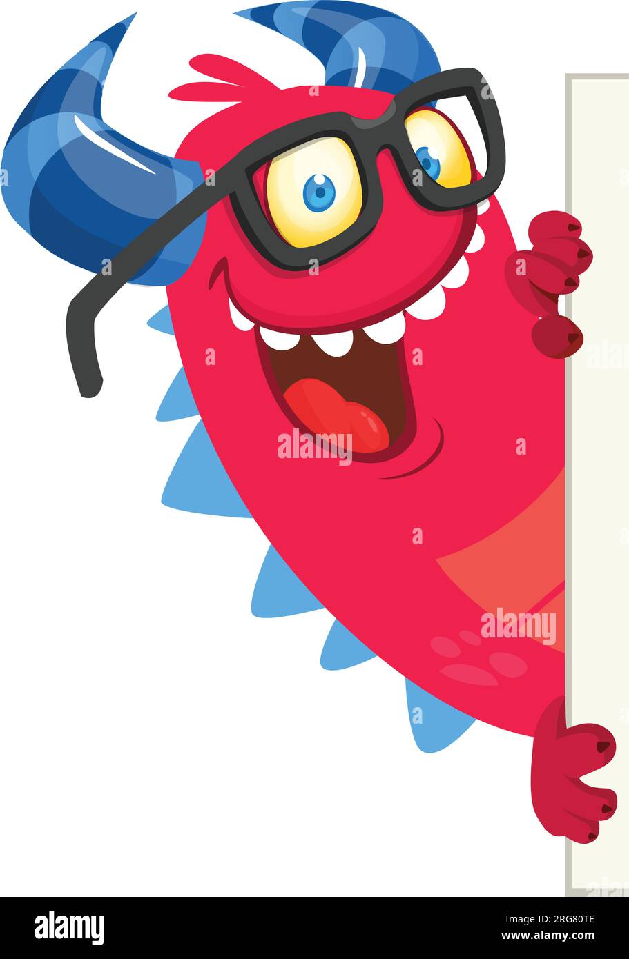 Catoon funny red dragon creature holding blank sign with sample text ...
