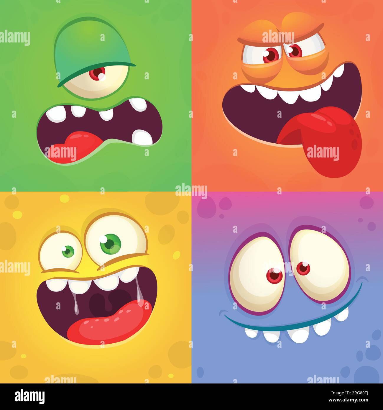 Cartoon monster faces set. Vector collection of four Halloween monster ...
