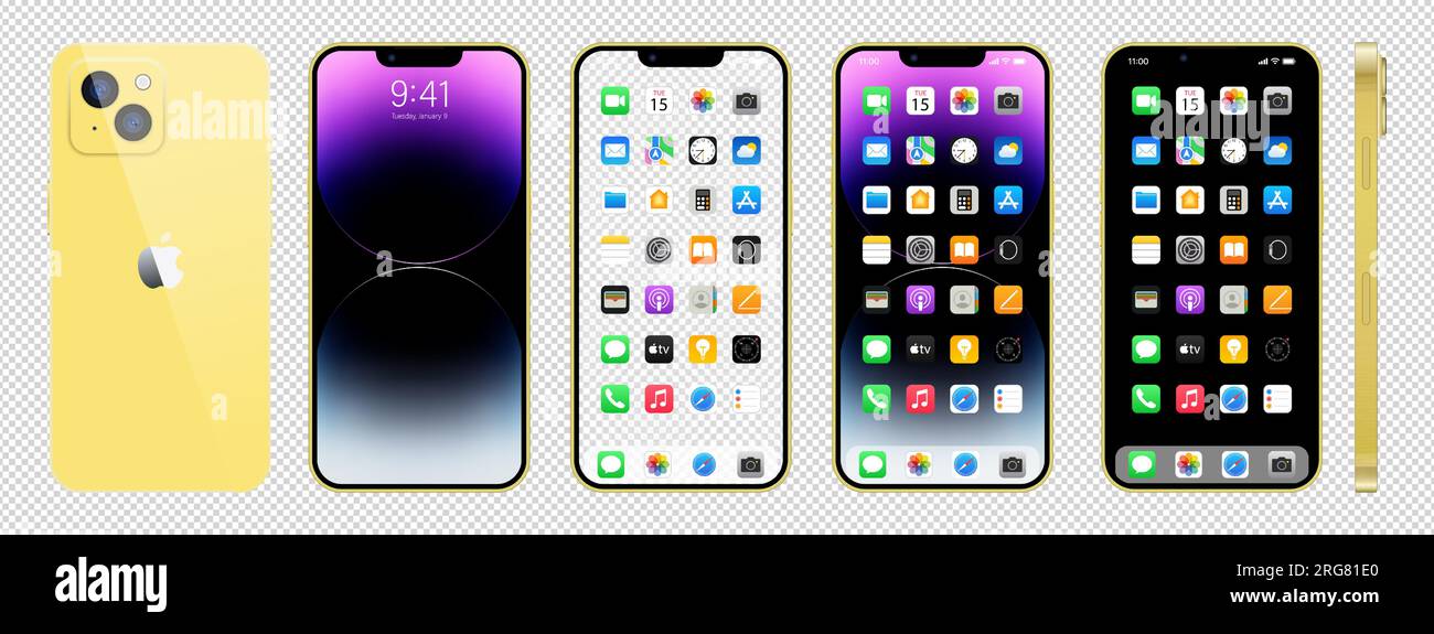 New gold Iphone 14. Apple inc. smartphone with ios 14. Locked screen ...