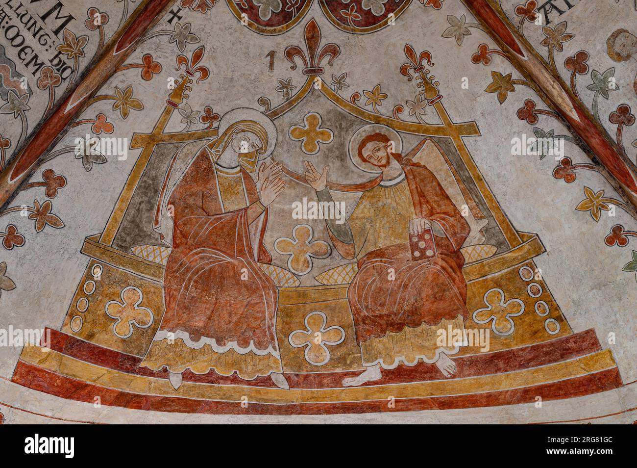 Mary and Christ sit side-by-side on a wide throne, a romanesque wall ...