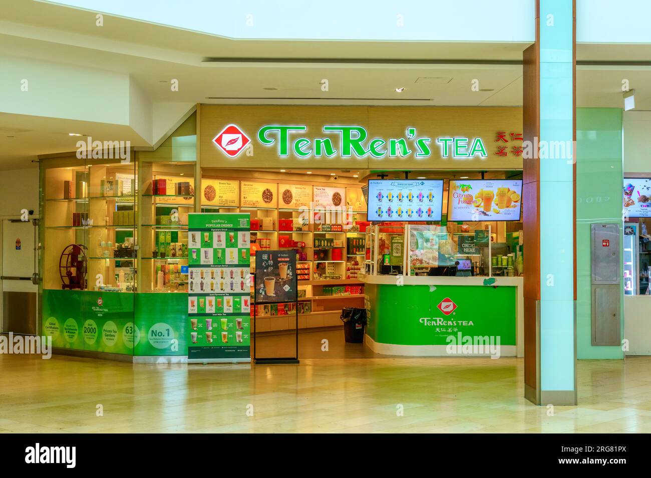 Mississauga, Canada, Facade with sign in Ten Ren's Tea shop. Interior ...
