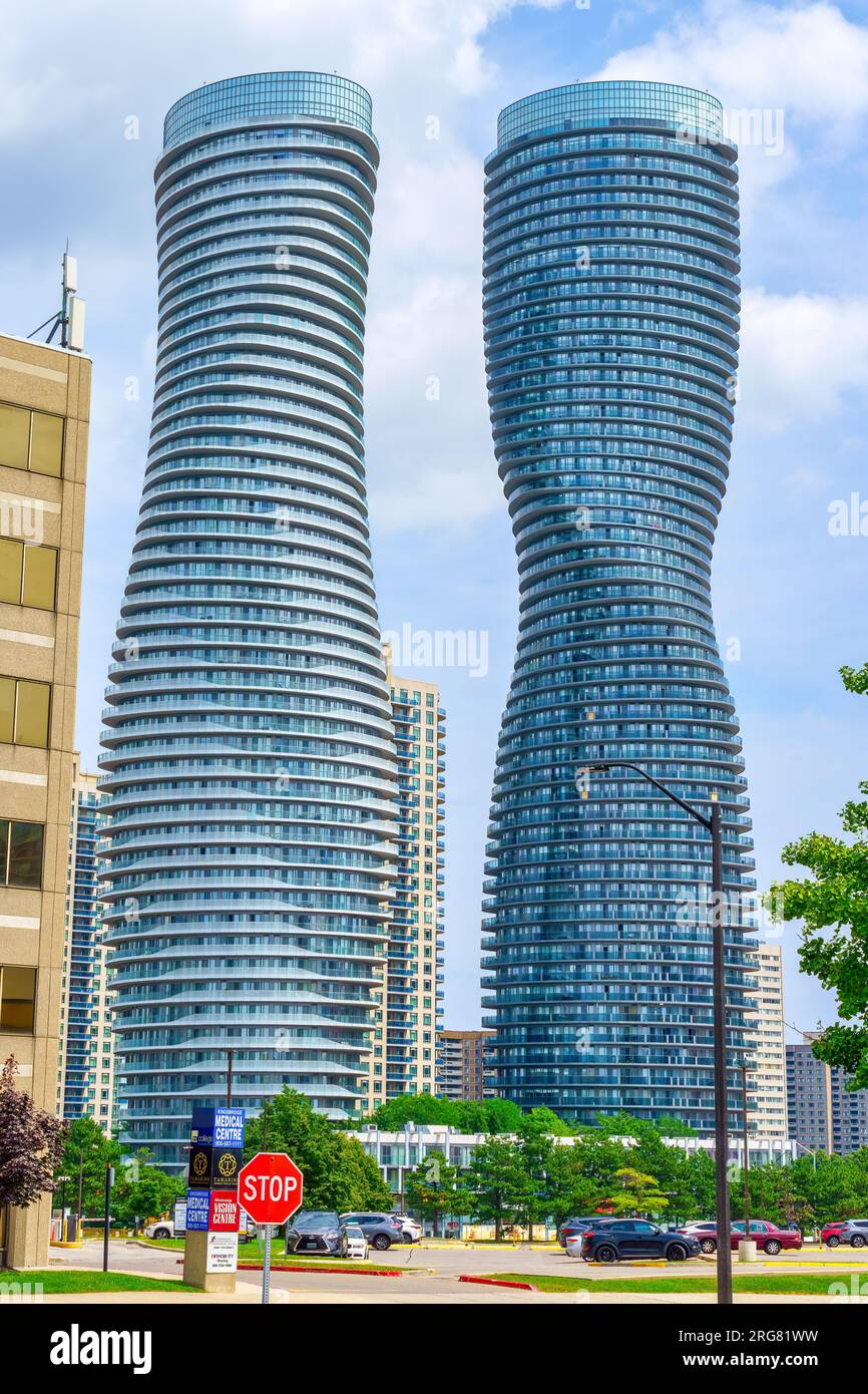 Mississauga, Canada, Absolute World skyscrapers or twin-towers in the modern Ontario city. The ...