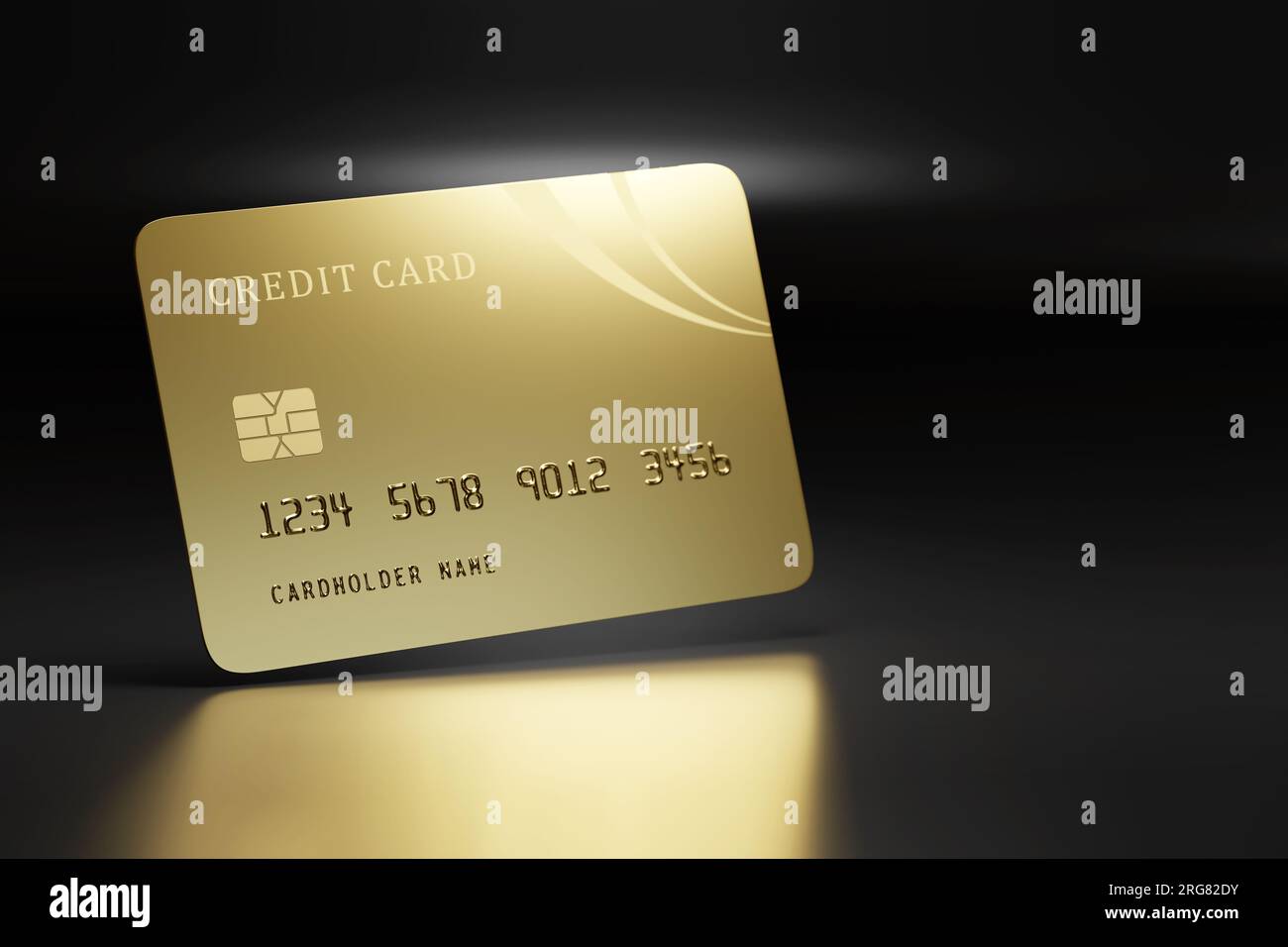 Golden credit card with copy space on dark background. 3d illustration ...