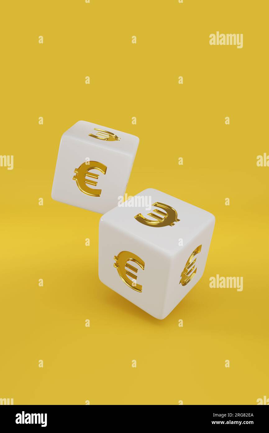Two dice with golden euro signs on yellow background. 3d illustration ...