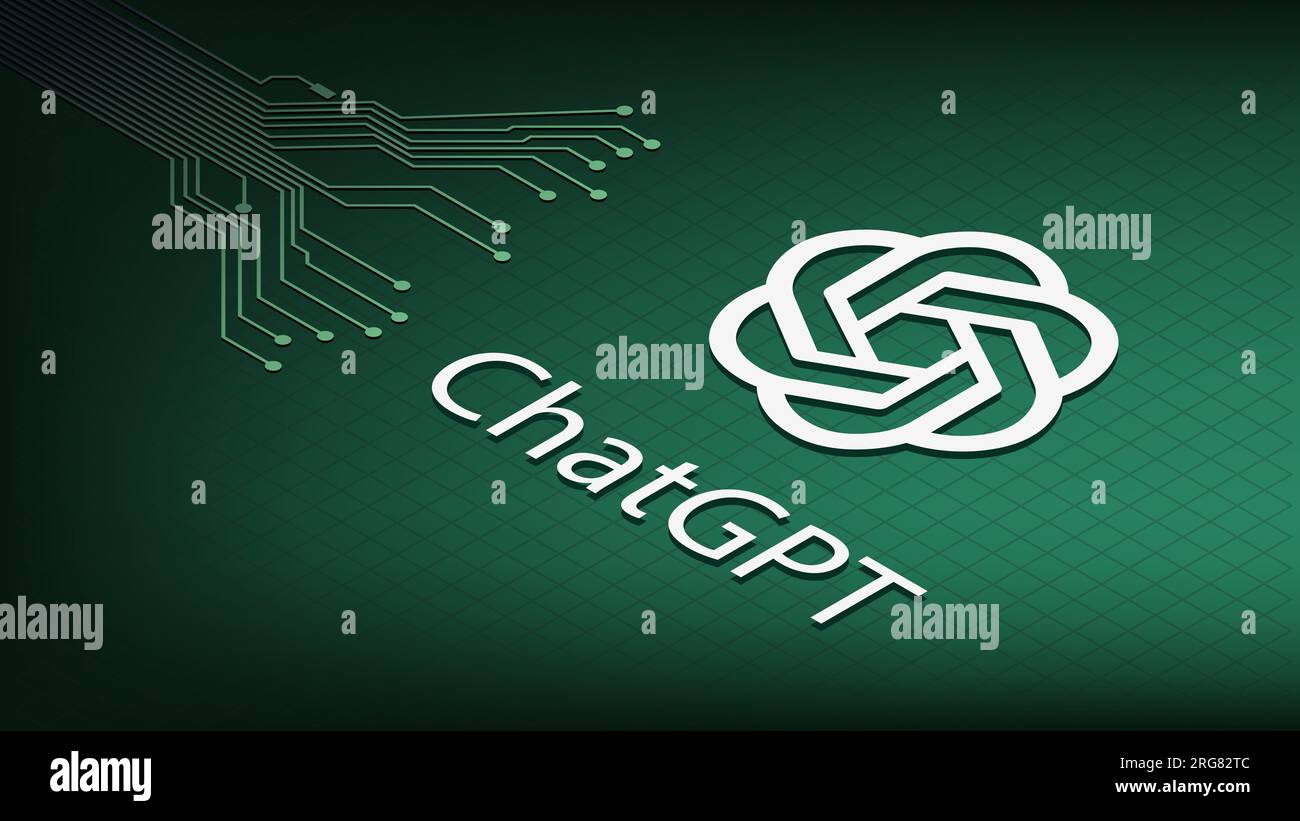 Isometric ChatGPT artificial intelligence program logo, OpenAI company, and PCB tracks on green ...