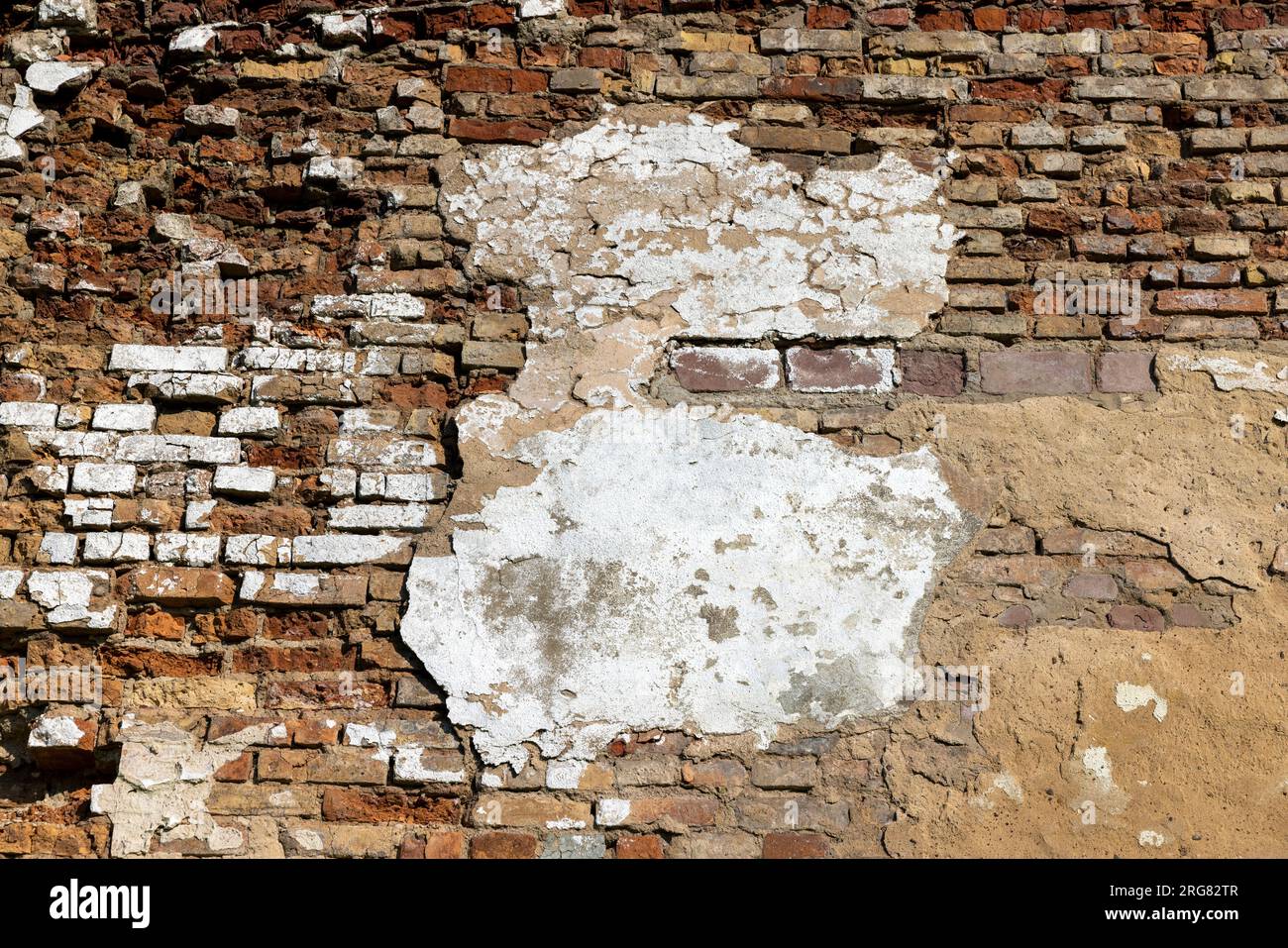 An old brick wall with various damages, the wall is old and made of ...
