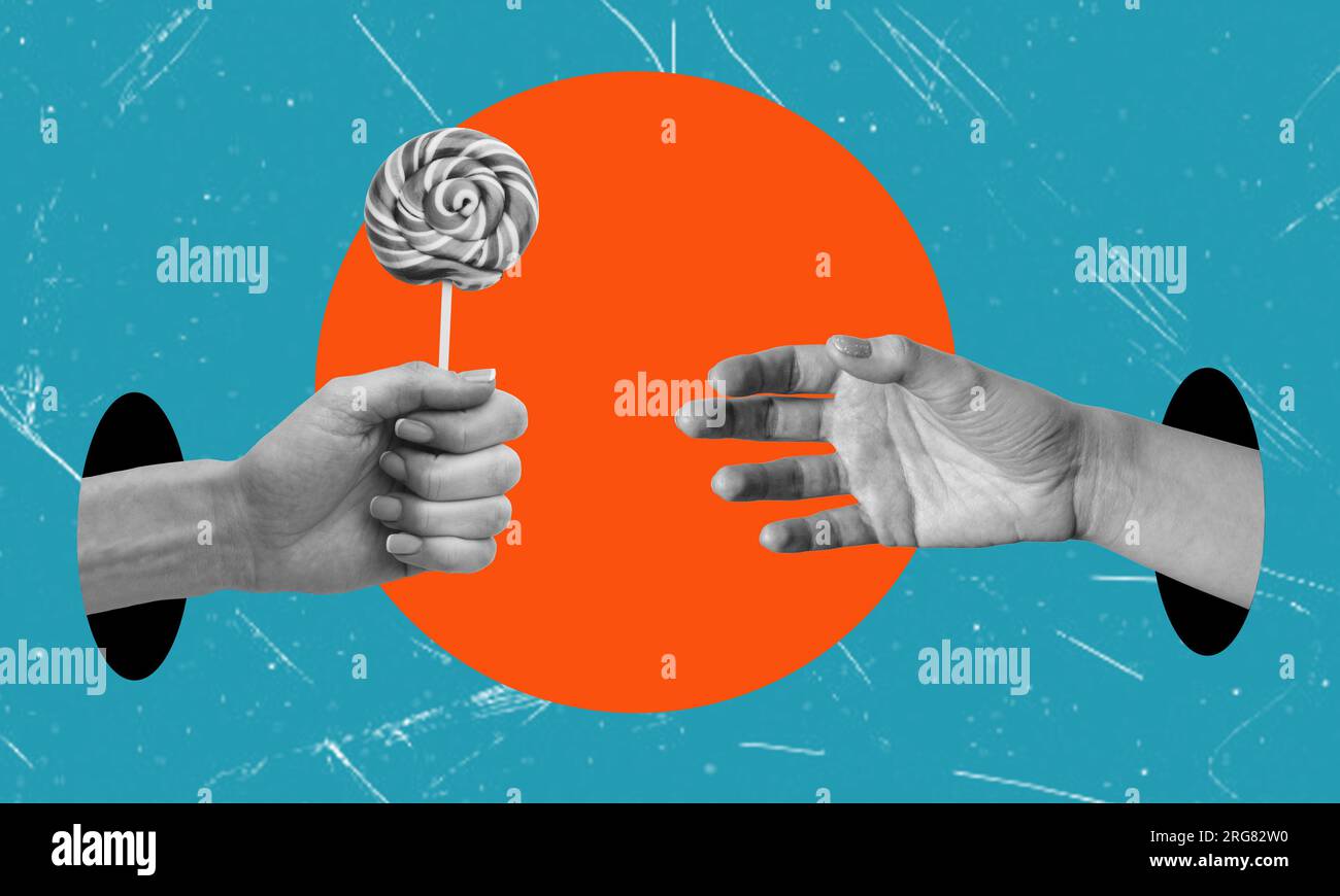 Art collage, hand holding candy lollipop candy, other hand reaching for ...
