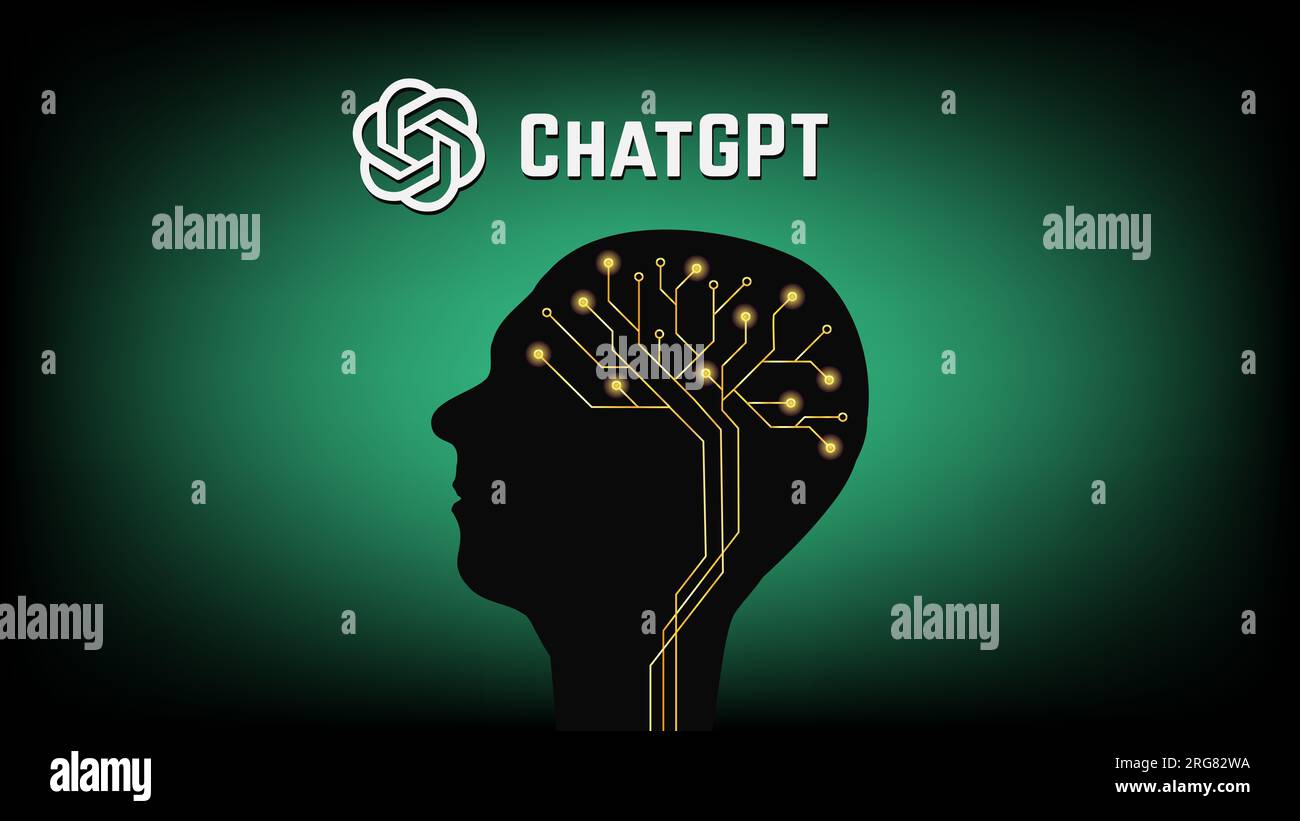 Human head with brain from PCB and ChatGPT artificial intelligence program logo, OpenAI company ...