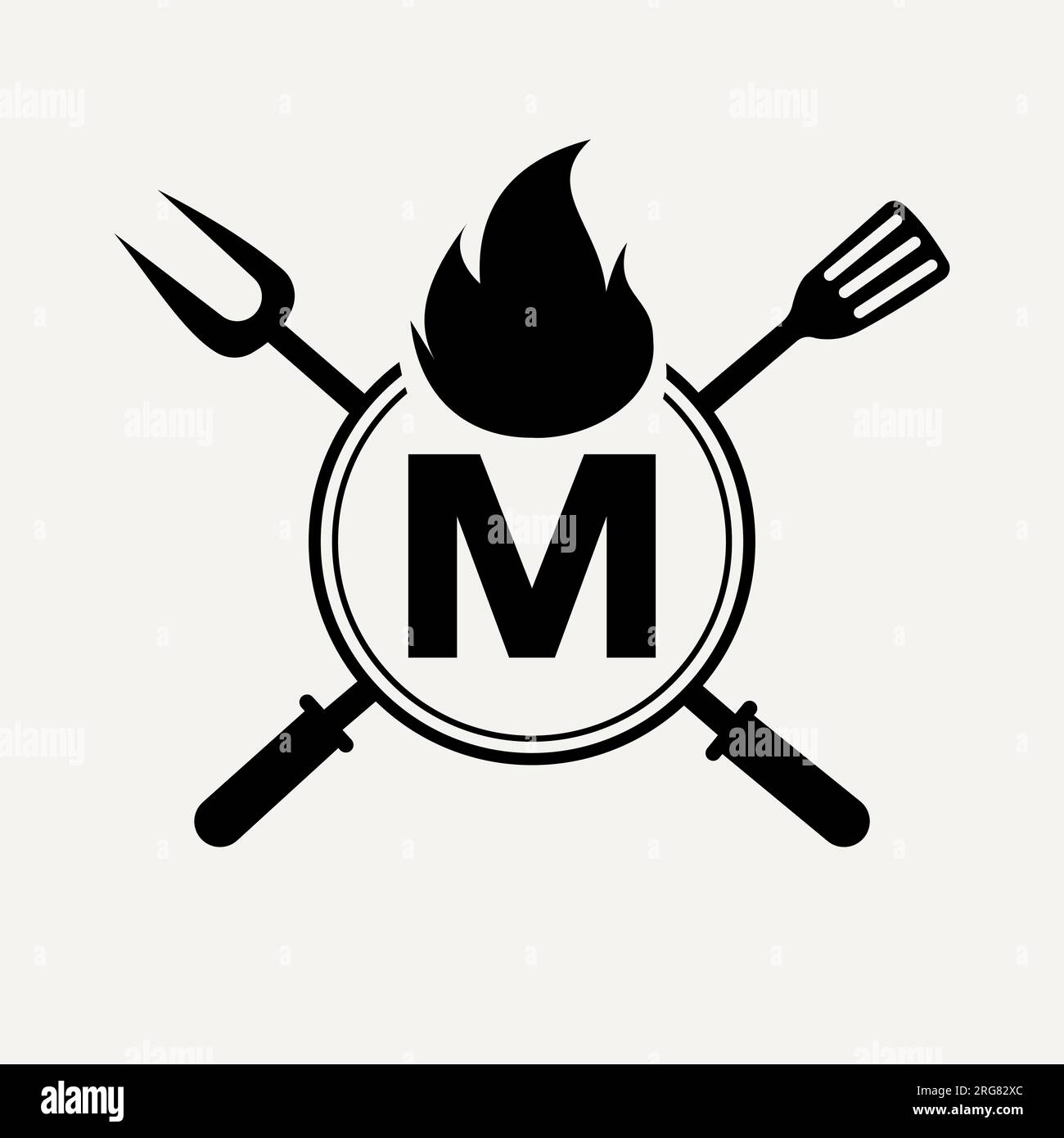 Letter M Restaurant Logo with Grill Fork and Spatula Icon. Hot Grill ...