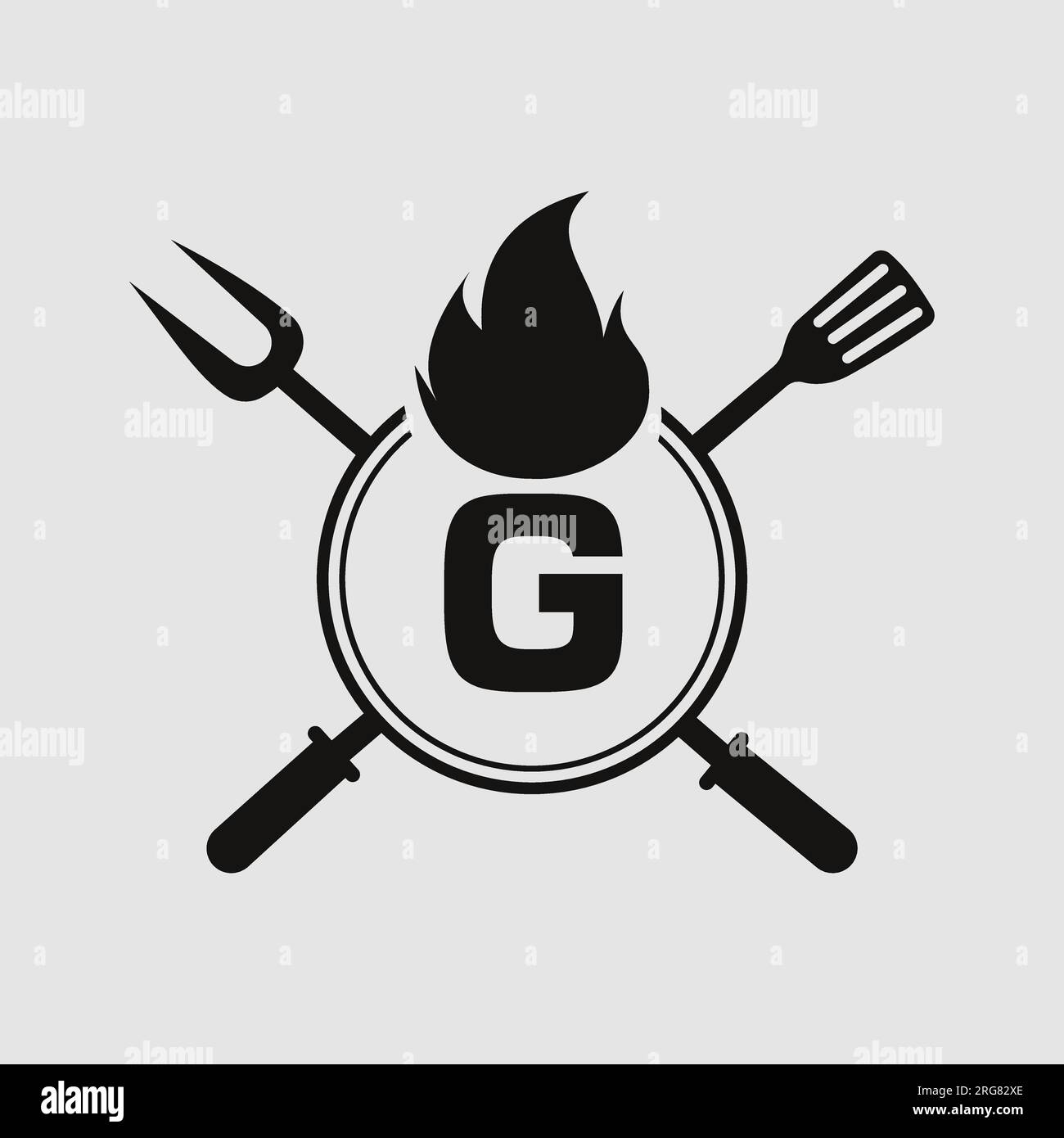 Letter G Restaurant Logo with Grill Fork and Spatula Icon. Hot Grill ...