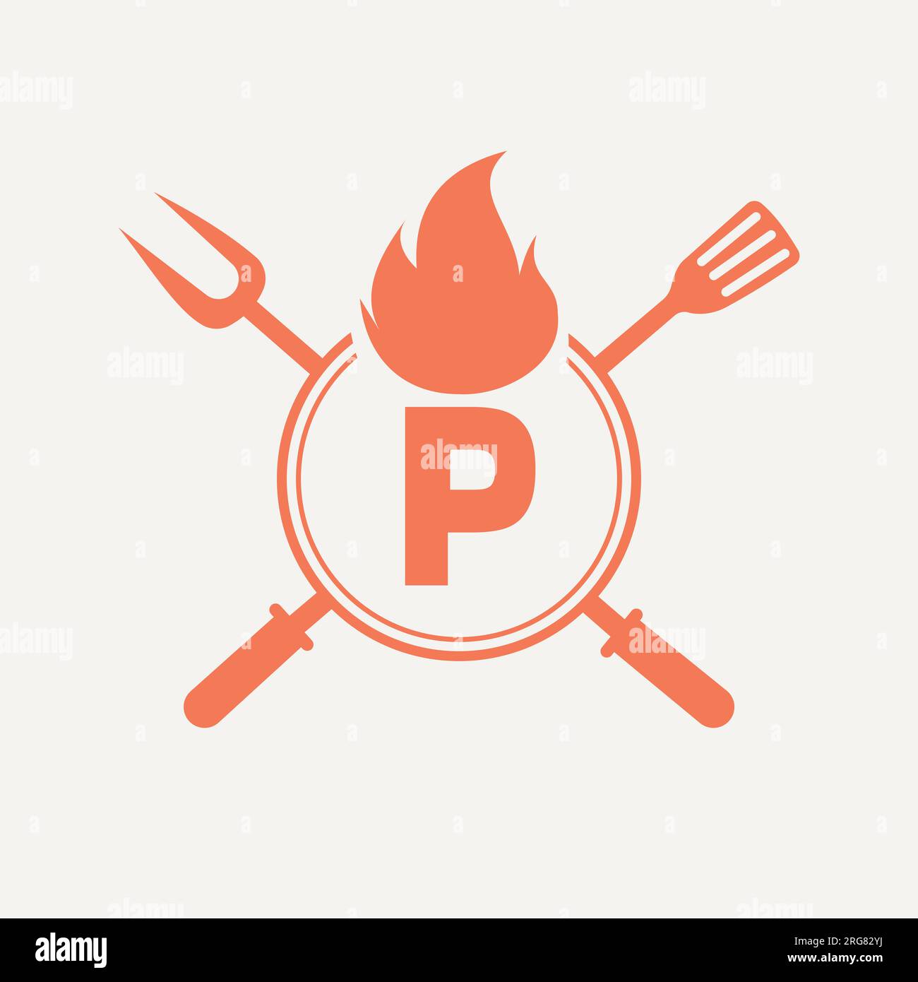 Letter P Restaurant Logo with Grill Fork and Spatula Icon. Hot Grill ...