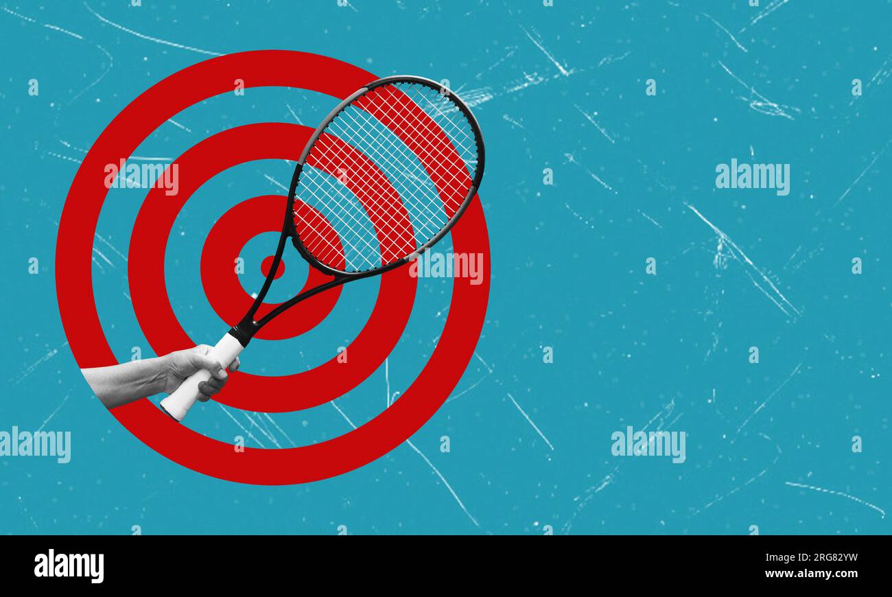 Art collage, hand and tennis racket on blue background target and copy ...