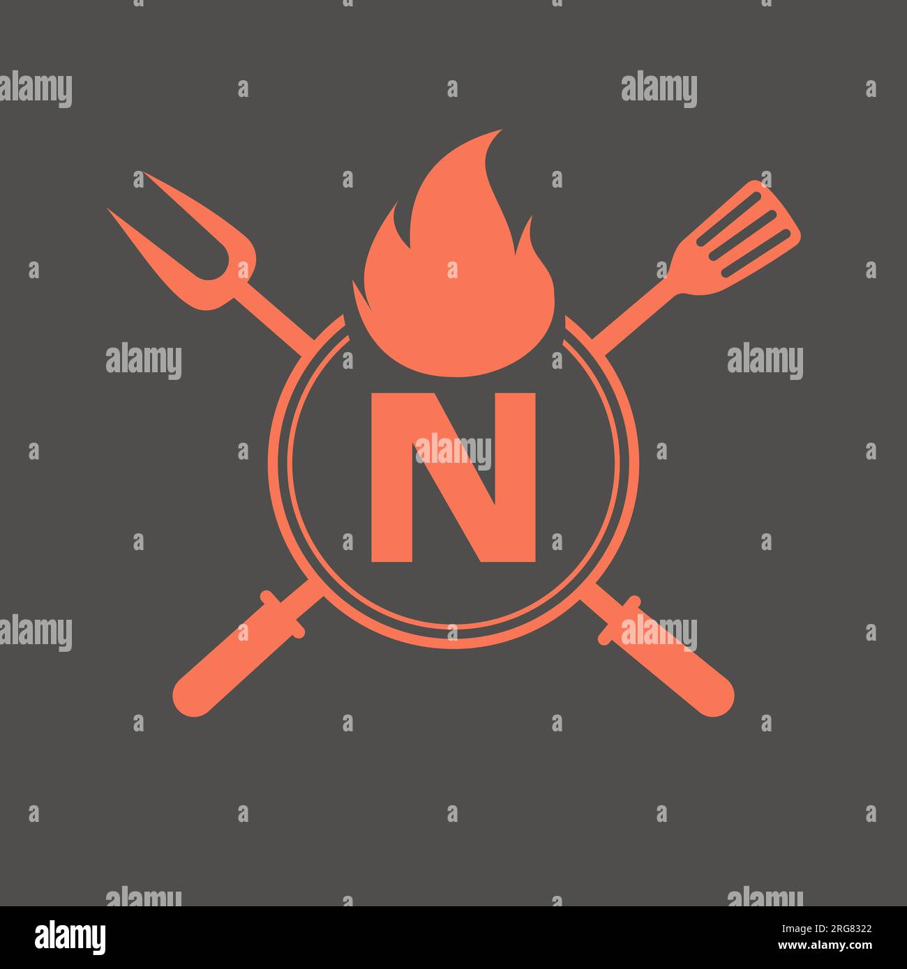 Letter N Restaurant Logo with Grill Fork and Spatula Icon. Hot Grill ...