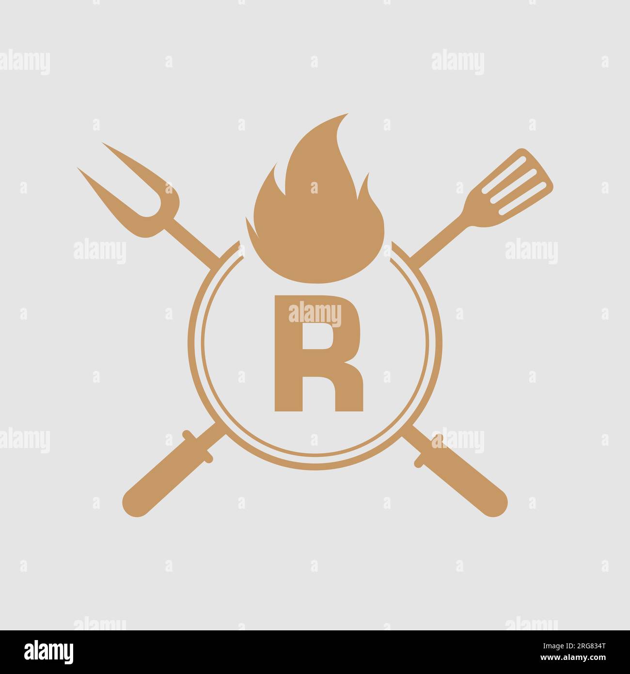 Letter R Restaurant Logo with Grill Fork and Spatula Icon. Hot Grill ...