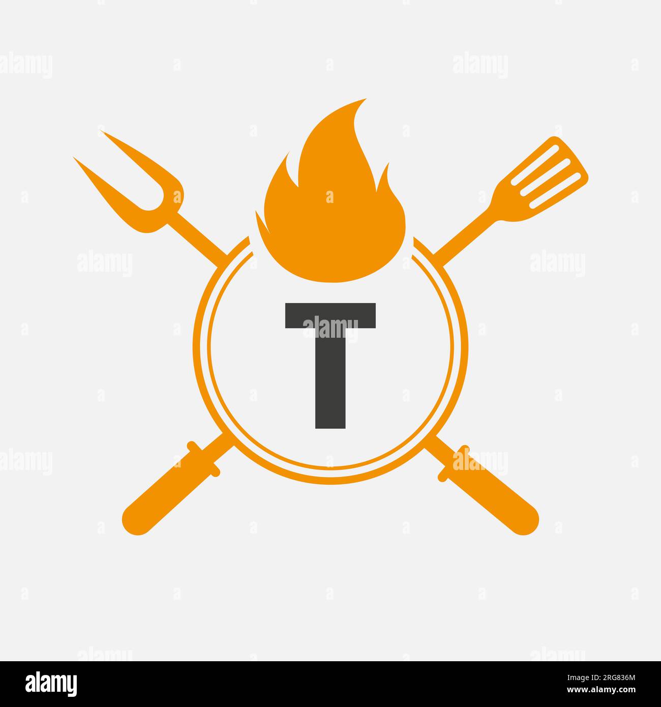 Letter T Restaurant Logo with Grill Fork and Spatula Icon. Hot Grill ...